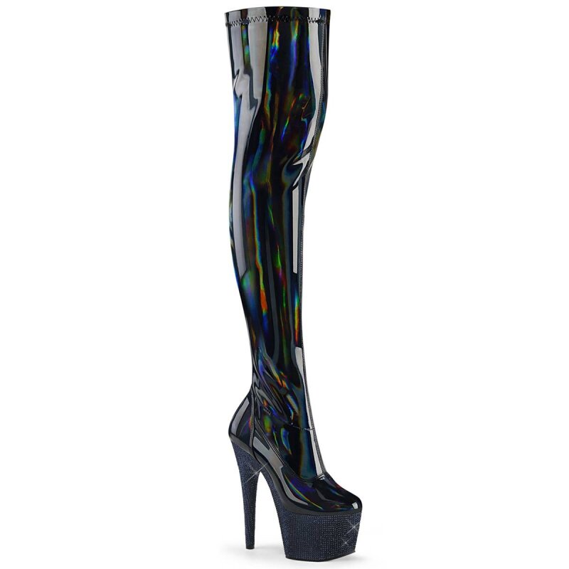 Pleaser BEJEWELED-3000-7 Plateau Overknee Stiefel Holo Strass Schwarz